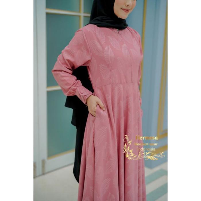 Jual [Gamis hermosa] Gamis embos hermosa motif daun warna pink-gamis ...