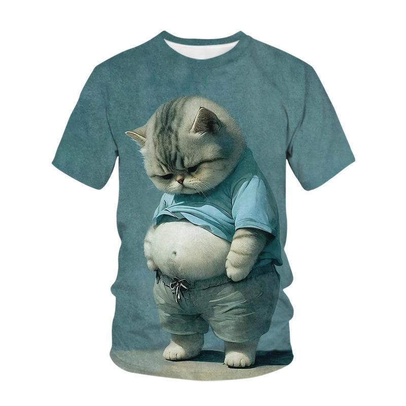 Kemeja-T Leher Bulat Kasual Lelaki, Cetakan Kucing Montel 3D - TikTok ...