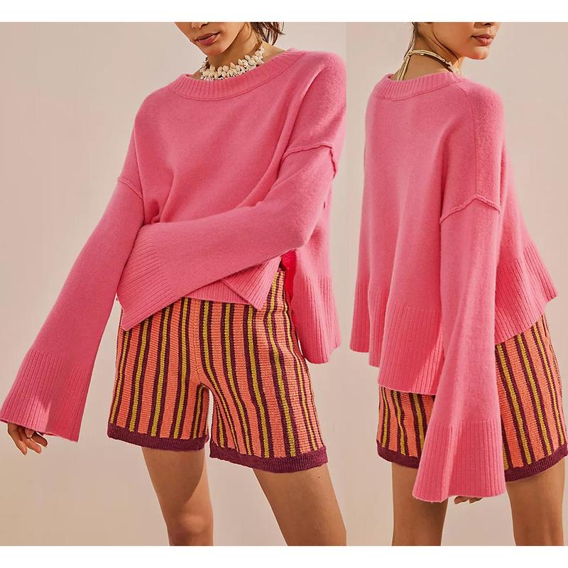 Women´s Autumn Winter Knit Sweater Long Flared Sleeve Solid Color ...