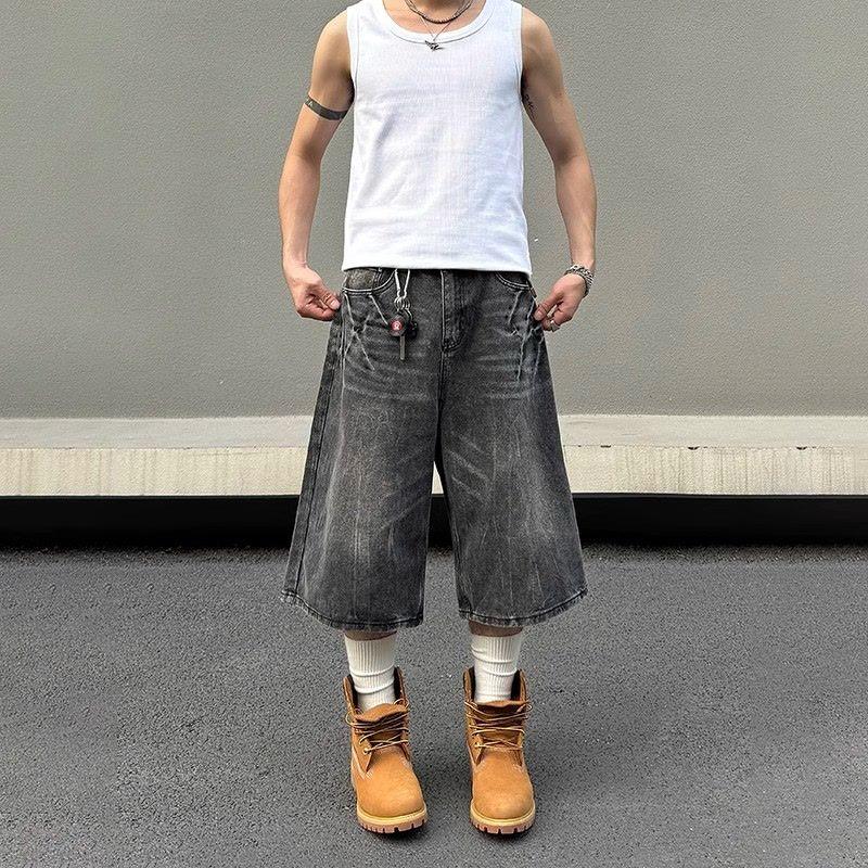 Seluar Pendek Denim, Gaya Retro Amerika, Corak Kilat, Hitam Dibasuh ...
