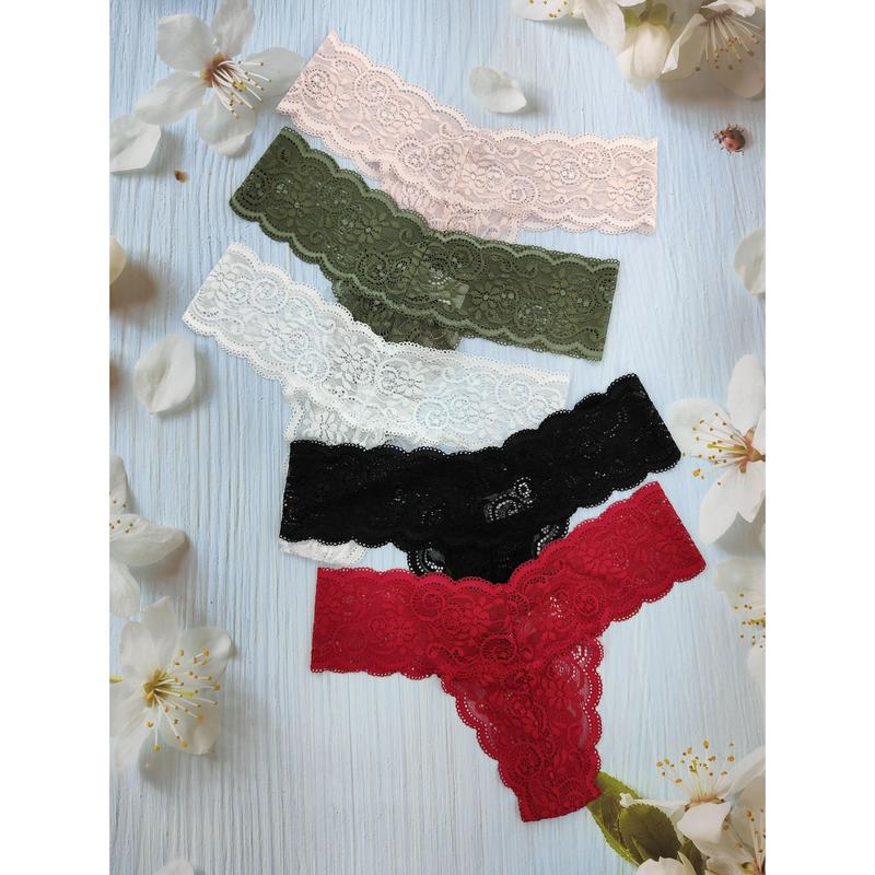 5 Pieces Floral Lace T-Back, Soft and Comfortable Scallop Decorative ...
