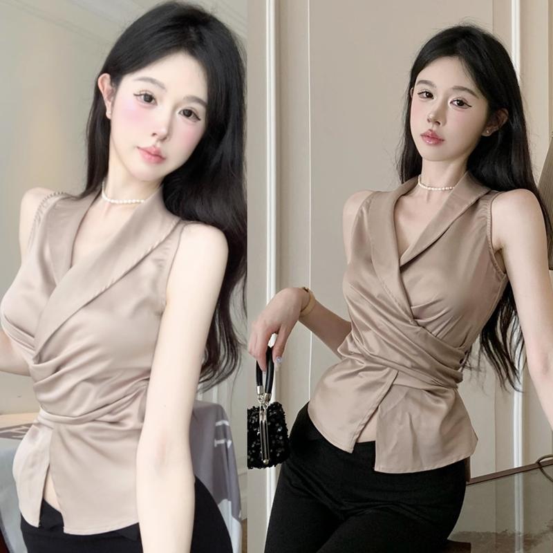 V-neck satin sleeveless shirt female French temperament design - TikTok ...