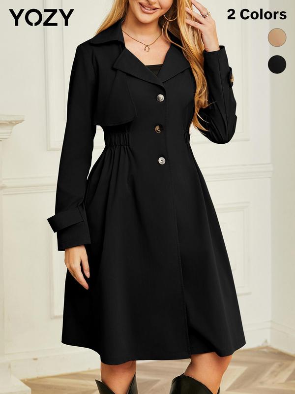 YOZY Ruched Waist Trench Coat, Casual Solid Long Sleeve Lapel Neckline ...