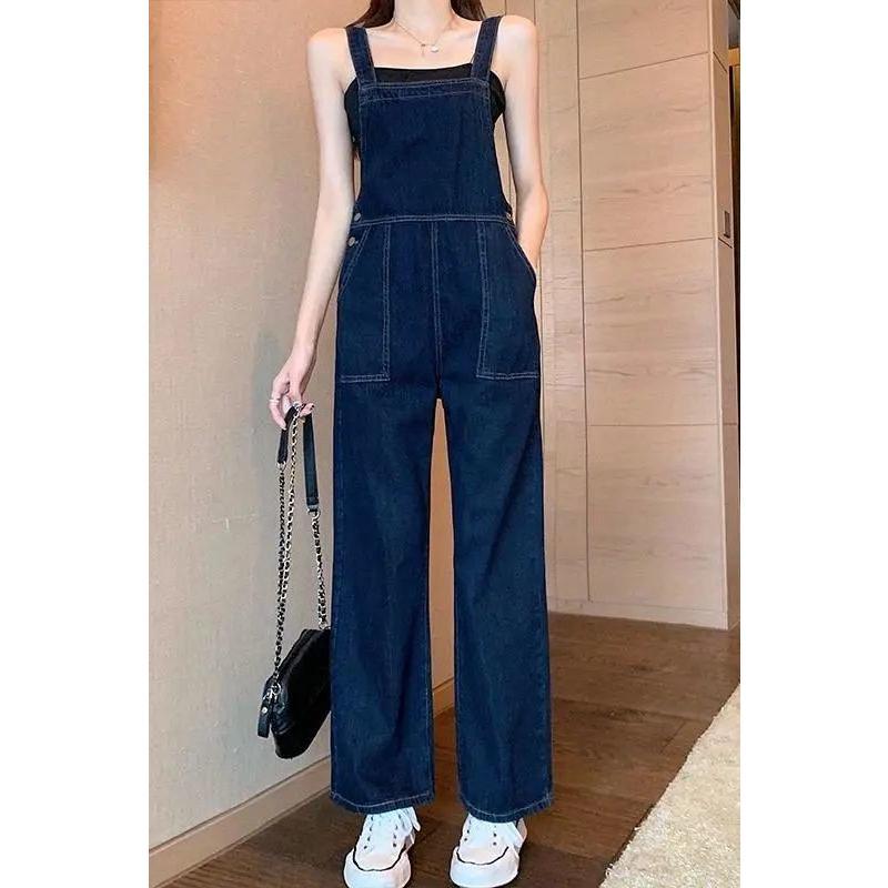 Overall Denim untuk Wanita, Warna Denim Gelap, Gaya Korea, Longgar ...