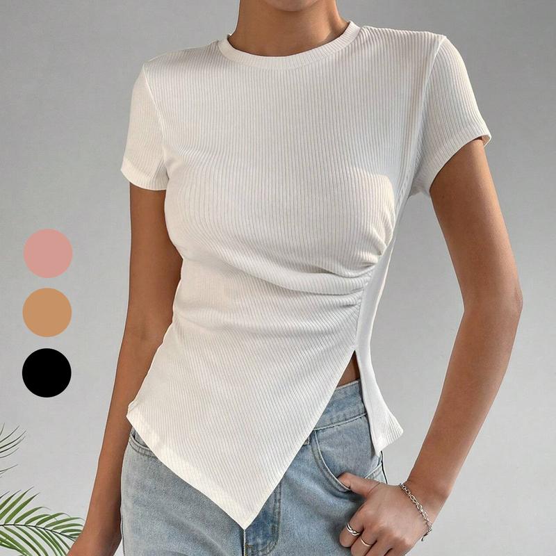6012#Summer Slim Fit Slit T-shirt Folds Design Round Neck To - TikTok ...