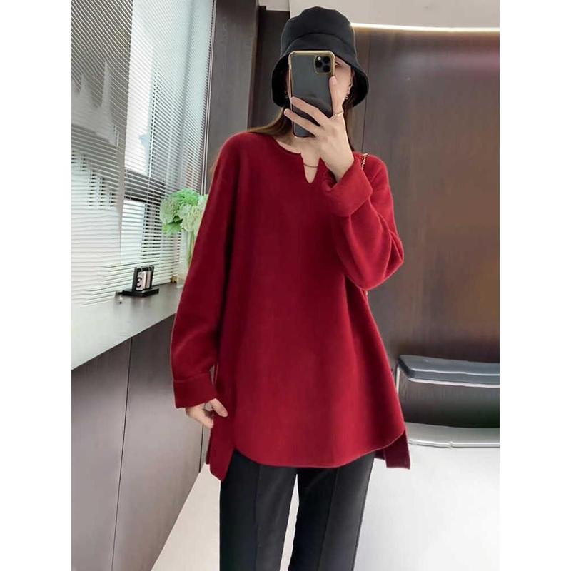 Baju Atasan Baldu, Saiz Besar, Dua Sisi, Leher V, Lengan Panjang ...