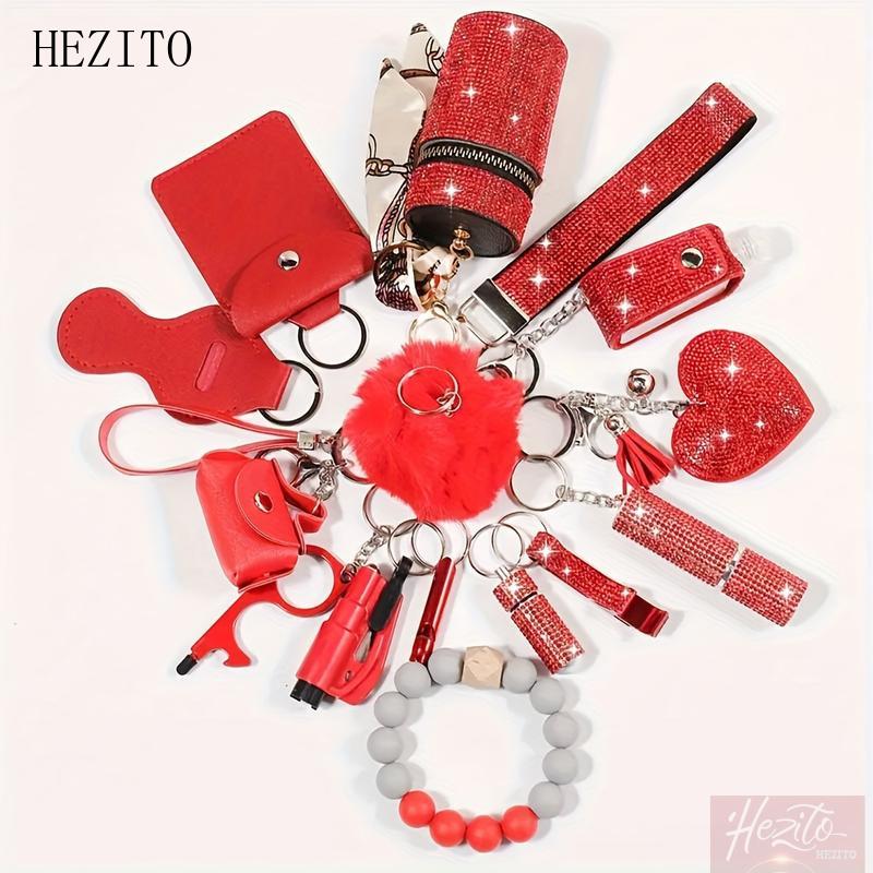 15-Piece Diamond Inlaid Safety Keychain Set - Includes Storage Bag, Pom ...