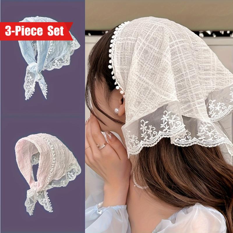 2pcs French Triangular Headscarf, Cute Polyester Lace Hair Scarf ...