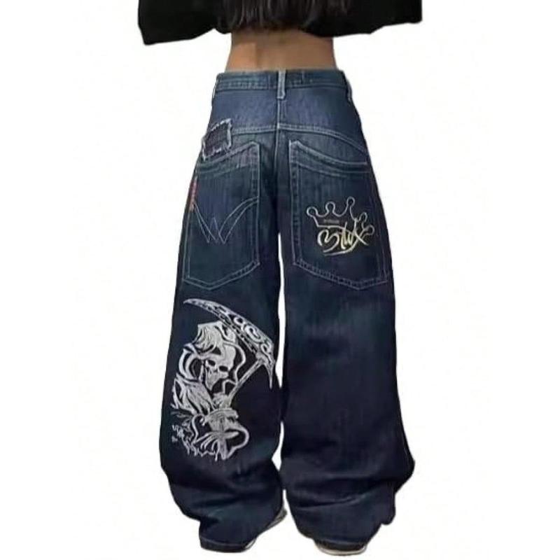 Neutral Y2g Hip-Hop Street Jeans Skull Print Gothic Loose Jeans ...