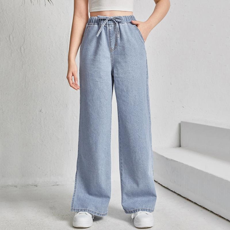 2216# Women's Pine Jeans Loose Summer Split Bow Solid Color Straight ...