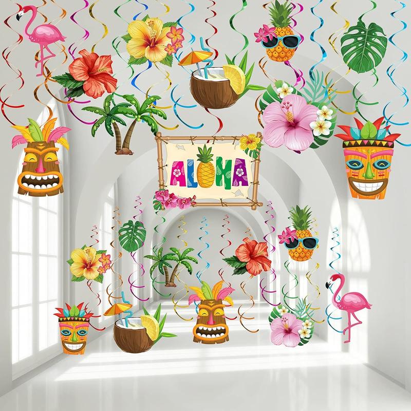 30 Pieces Hawaiian Luau Birthday Party Hanging Swirl Decorations, Flower Tropical Palm Flamingo ...
