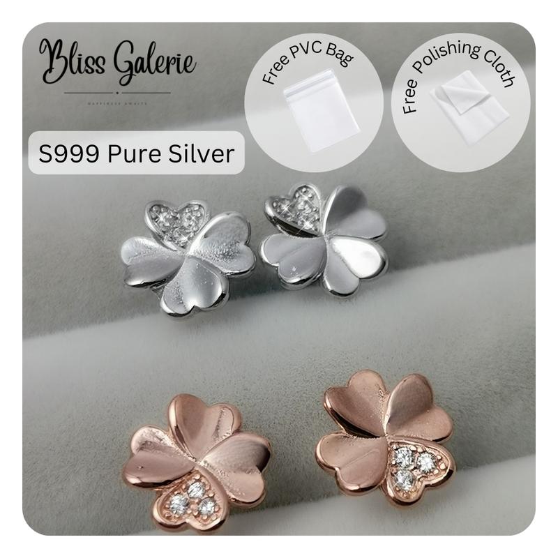 Bliss Galerie S999 Silver Clover Studs - 18K Rose Gold Electroplating ...