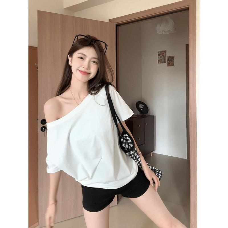 Pure desire slanted neck off shoulder short sleeved T-shirt for ...