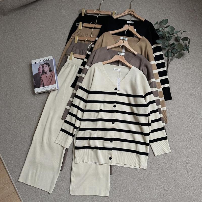 Oclo Zarhania Set Knit Salur Garis-garis Rajut Cardi Celana Setelan ...