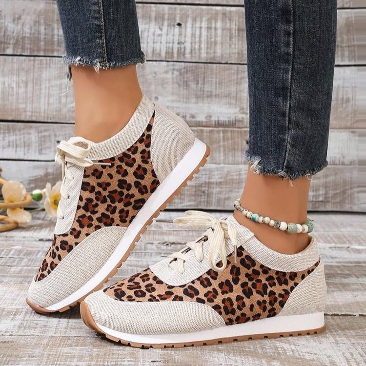 Chic Flat Leopard Print Womens Large Size Casual Lace Up Running Shoes ...