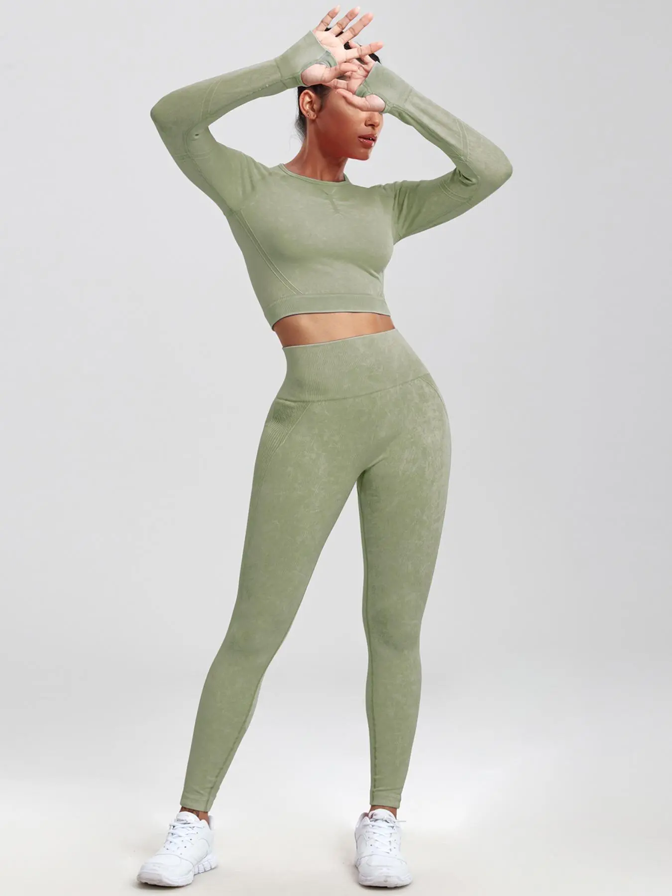 Women's Slim-fitting Raglan Sleeve Ruched Tee & Hip Lifting High Waist ...