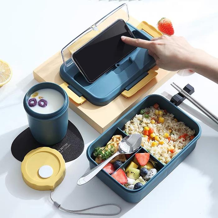 Jual Lunch Box Set Kotak Bekal Makan Biru Tua Free Sendok Sumpit Set ...