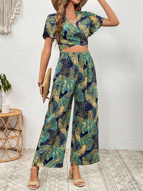 Two-Piece Set Women's Plants Print Crop Top & Wide Leg Pants - TikTok Shop