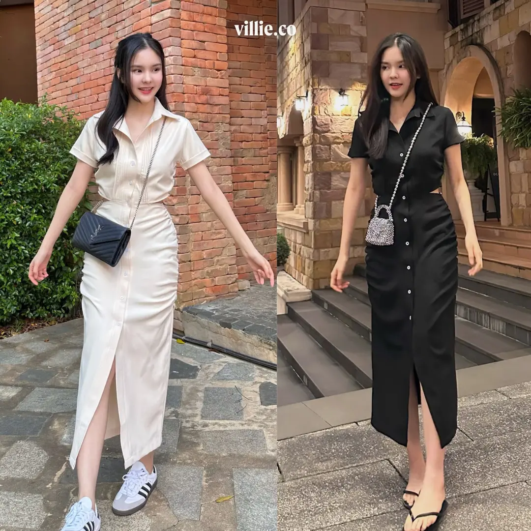 villie London dress ชุดเดรสคอปกแขนสั้นเว้าหลัง สีครีมและสีดำ ลูกคุณ ...