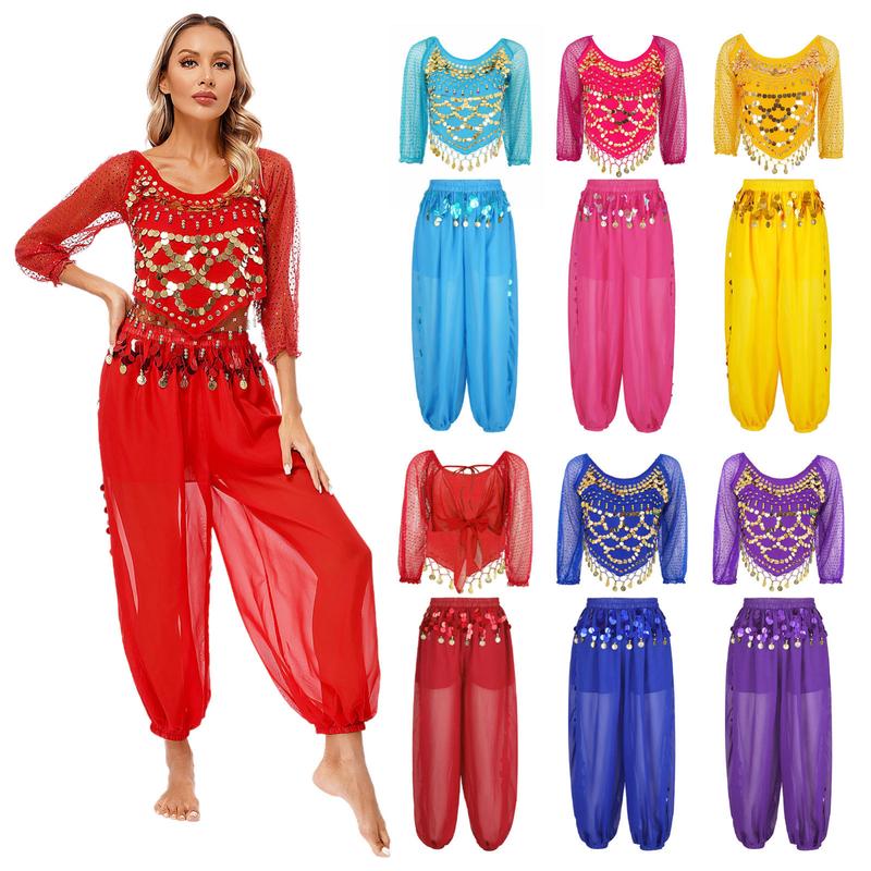 Yruioon Women Belly Dance Suit Irregular Hem Crop Top Side Split ...