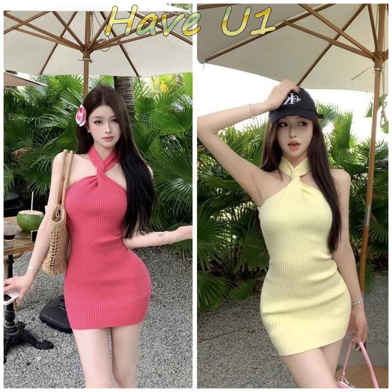 Have U1-พร้อมส่ง- ชุดเดรสไหมพรม ดีเทลผูกอก เว้าด้านหลัง ผ้าร่องเล็ก - TikTok Shop Thailand