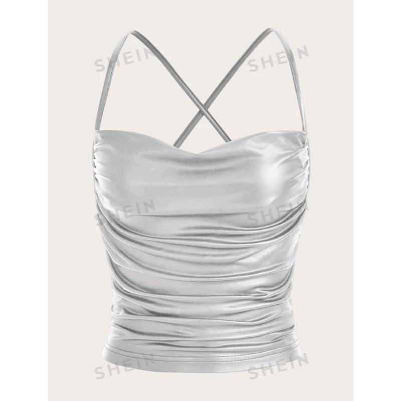 SHEIN ICON Metalic Draped Collar Crisscross Backless Ruched PU Leather ...