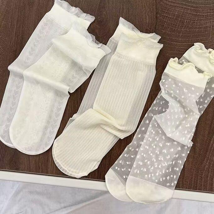 Girls' Ultra-Thin Heelless Socks Summer Breathable Ice Silk Lace ...
