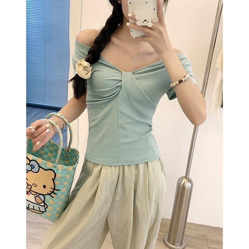 Baju-T Wanita, Gaya Perancis, Rekaan Comel dan Seksi, Luar Bahu ...
