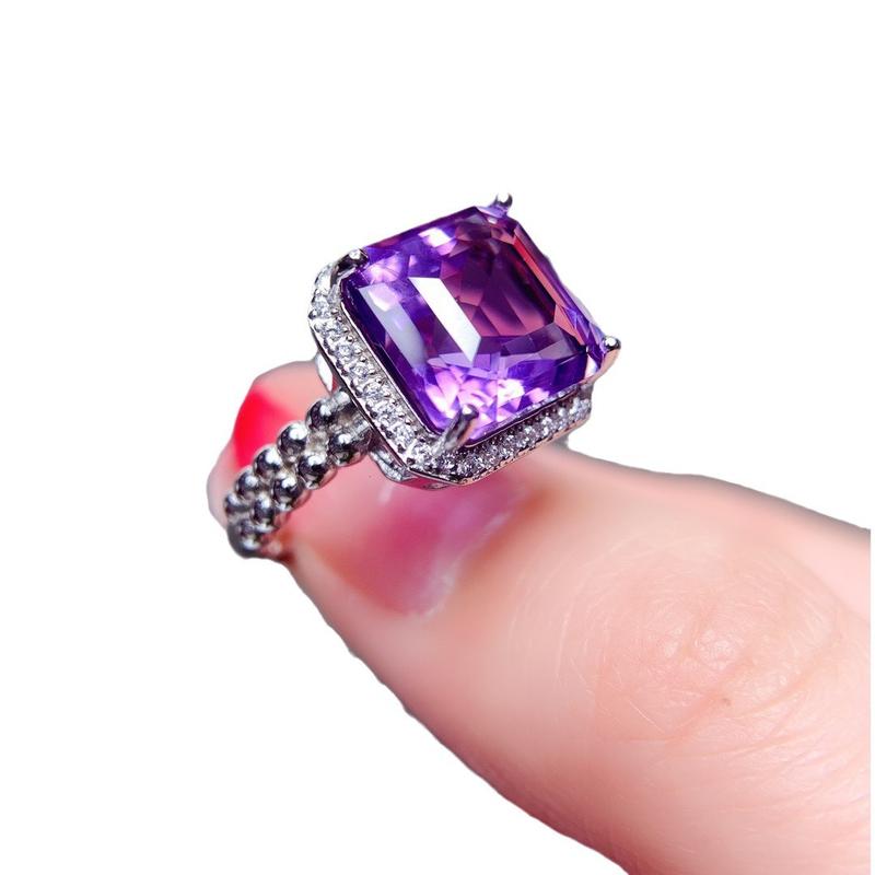 S925 Sterling Silver Natural Brazil Amethyst Ring Women's Light ...