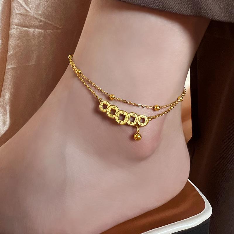 Gelang kaki keluli titanium dua lapisan wanita, loket corak syiling ...