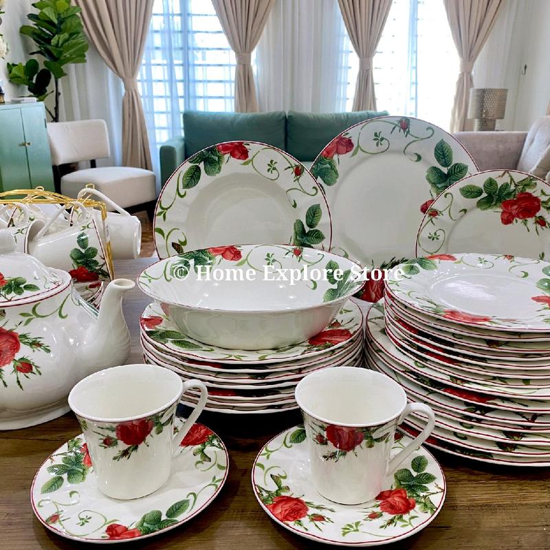Sale Raya 43pcs Full Set Pinggan Mangkuk Dinner Plate Porcelain Botanic ...