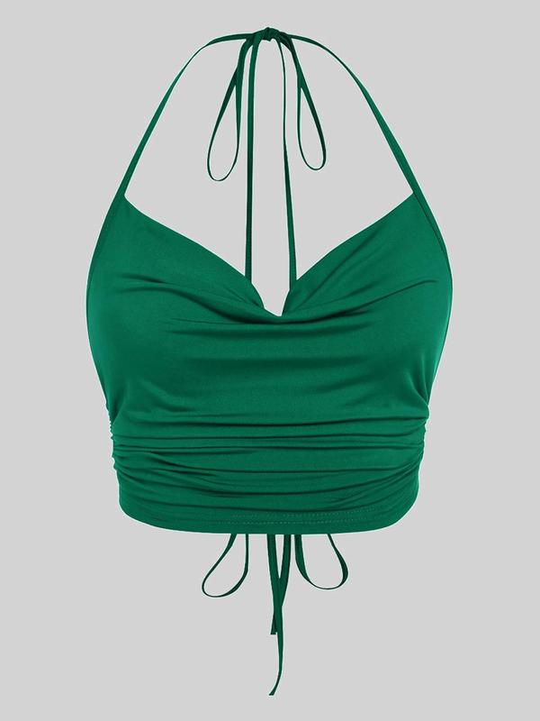 Women's Plain Ruched Backless Halter Cami Top, Solid Color Tie - TikTok ...