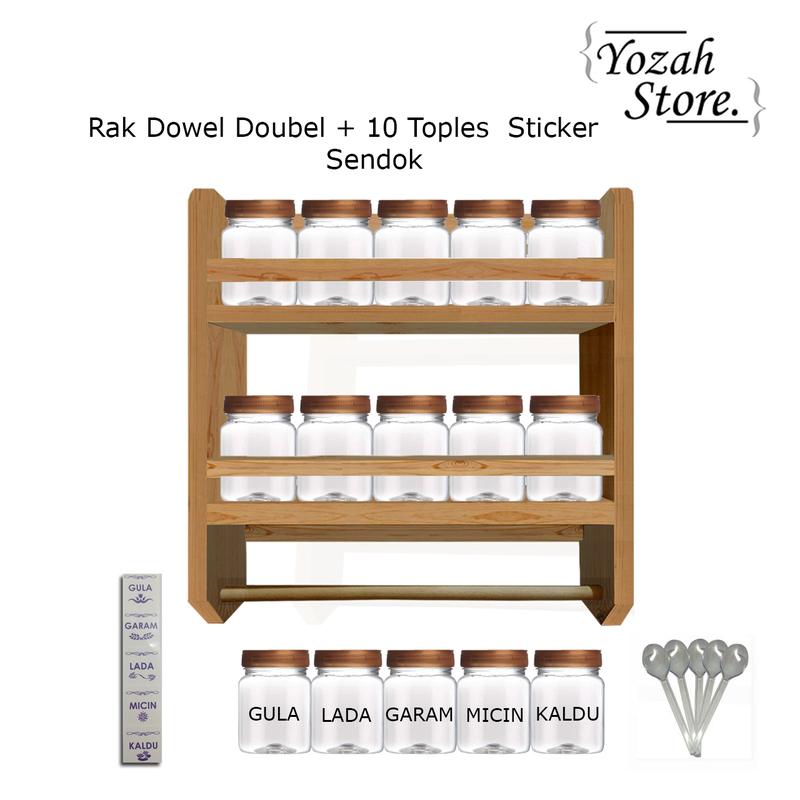 Rak Kayu Bumbu Dapur 2 Susun Tempel Dinding Aesthetic 1 Set Toples ...