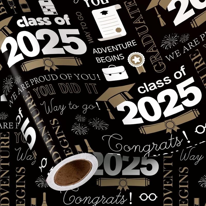 Graduation Wrapping Paper Roll, Mini Roll, Black Gold Class of 2025 ...