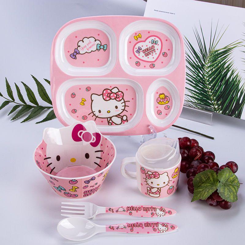 Set Pinggan Kanak-kanak Hello Kitty Kartun, Plat Grid Bayi, Mangkuk ...