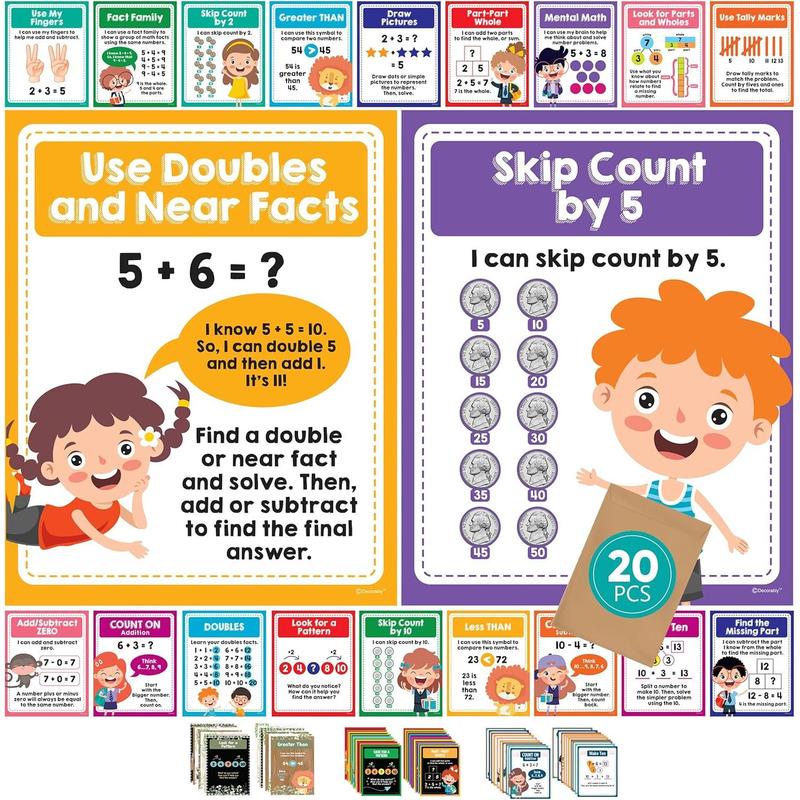 20 Vibrant Kindergarten Math Posters 1st Grade, 11x14in Matte-Laminated ...