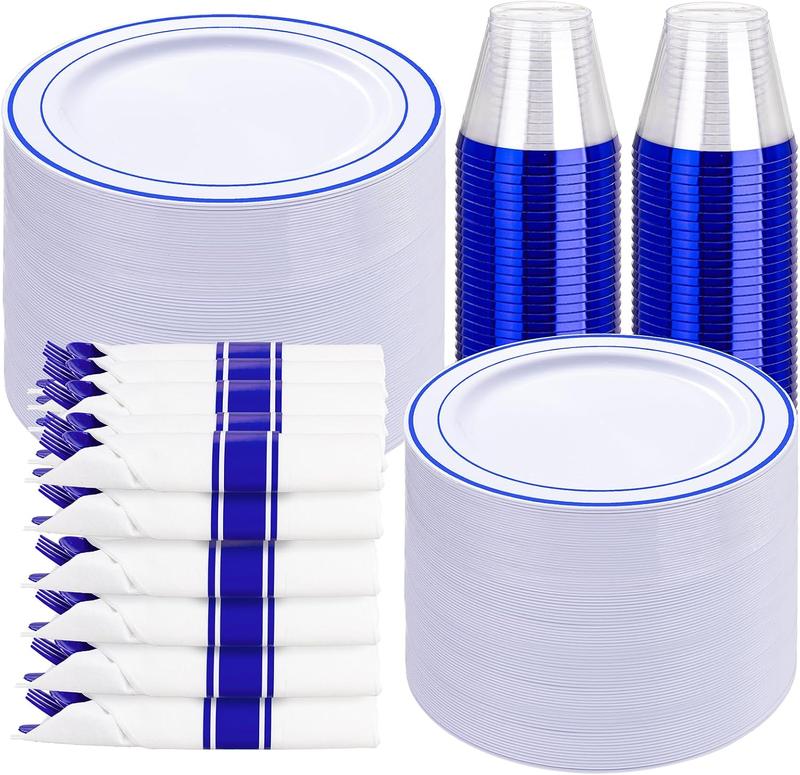 350 count Blue Plastic Plates for 50 Guests - Disposable Dinnerware Set ...