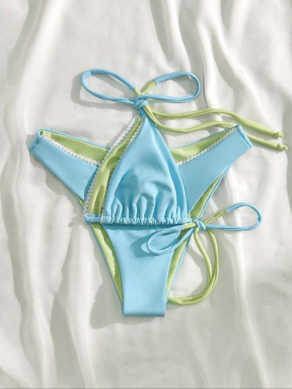 Two-piece Set Women's Colorblock Bikini Set, Casual Tie Back Swim Top ...