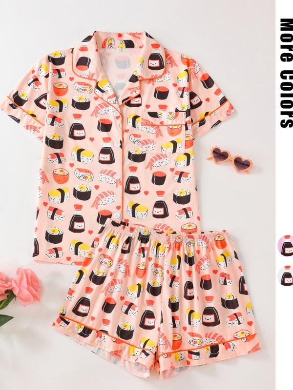 Women's All Over Cartoon Sushi Print Short Sleeve Pajama Two-Piece ...