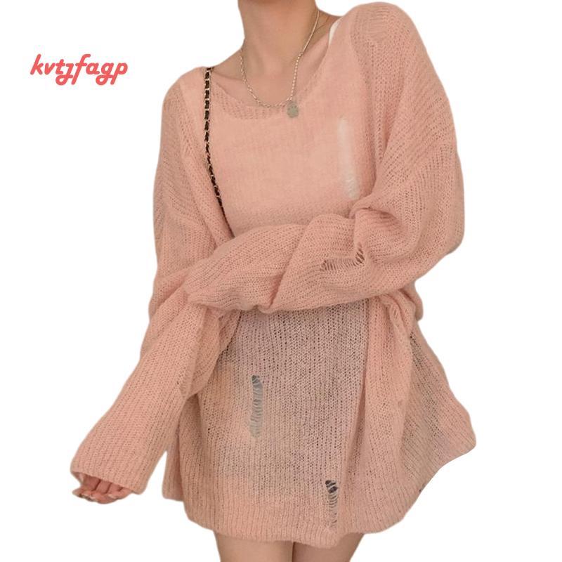 Women Fluffy Off-shoulder Sweater Solid Color Loose Ripped Long ...