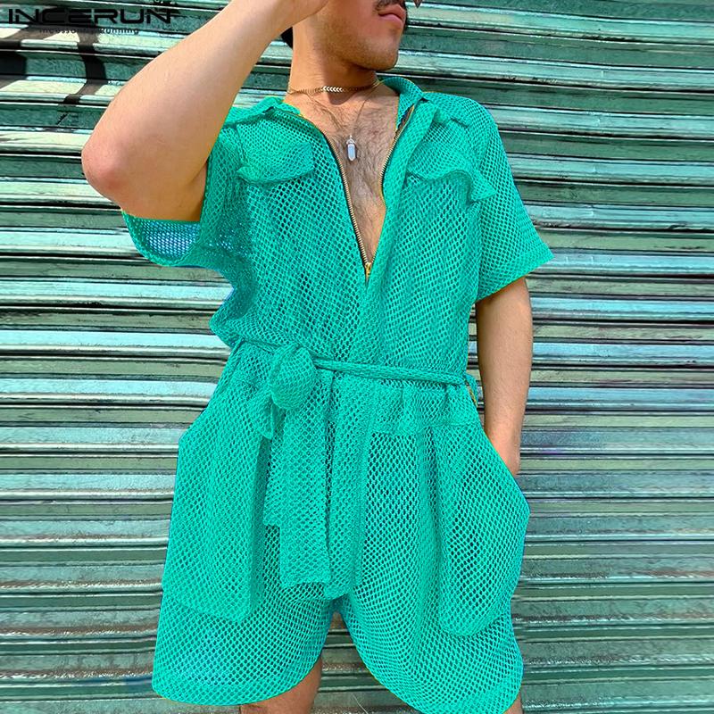 INCERUN Men's Mesh Hollow Out Short Sleeve Jumpsuit Wide Leg Cropped ...