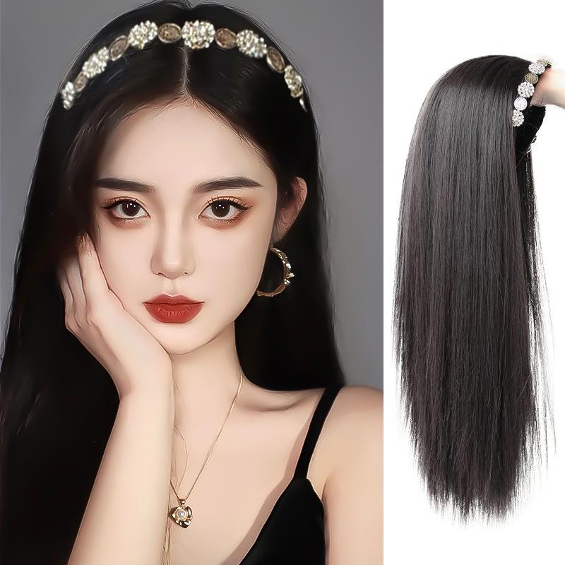 Women Vintage Rhinestone Hairband Wig Beauty Long Straight Hair ...