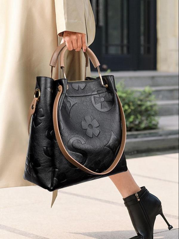 Women's Fashionable Floral Embossed Handbag Set, Including Large ...