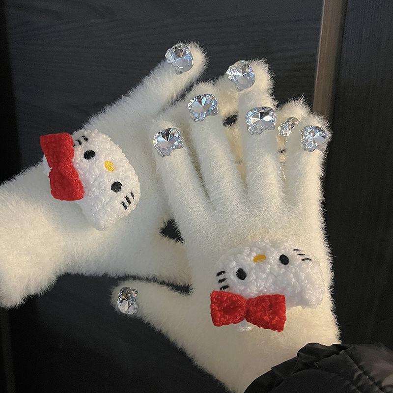 Cute Ruby Rhinestone Gloves Female Winter Warm Sticky Helloi - TikTok ...