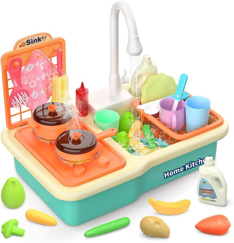 CUTE STONE Kitchen Sink with Running Water, Play Kitchen with Upgraded ...
