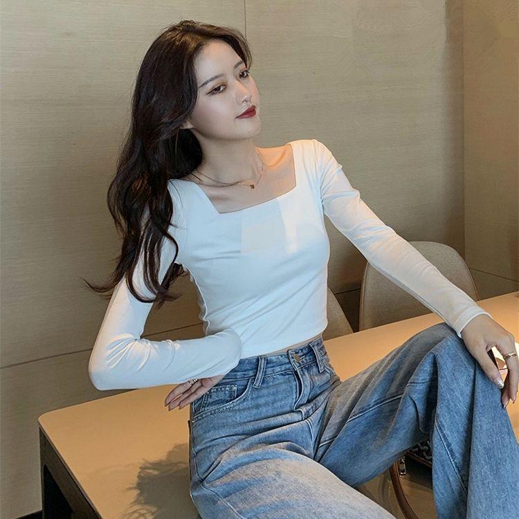 Square Collar Top Long Sleeve Spring and Autumn Black Bottoming ...