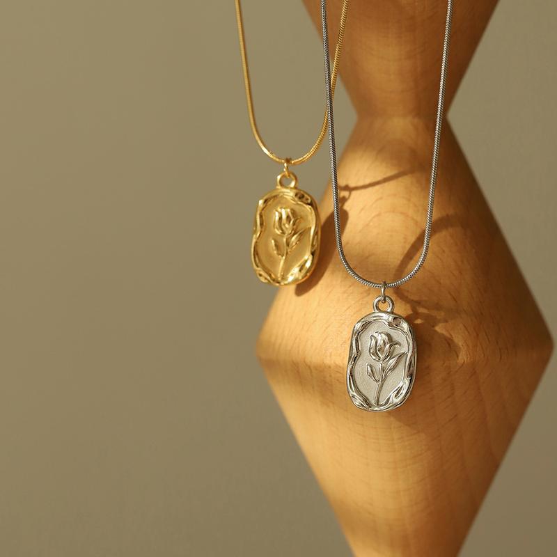 Niche Rose Tulip Relief Square Necklace Women's Titanium Steel - TikTok ...