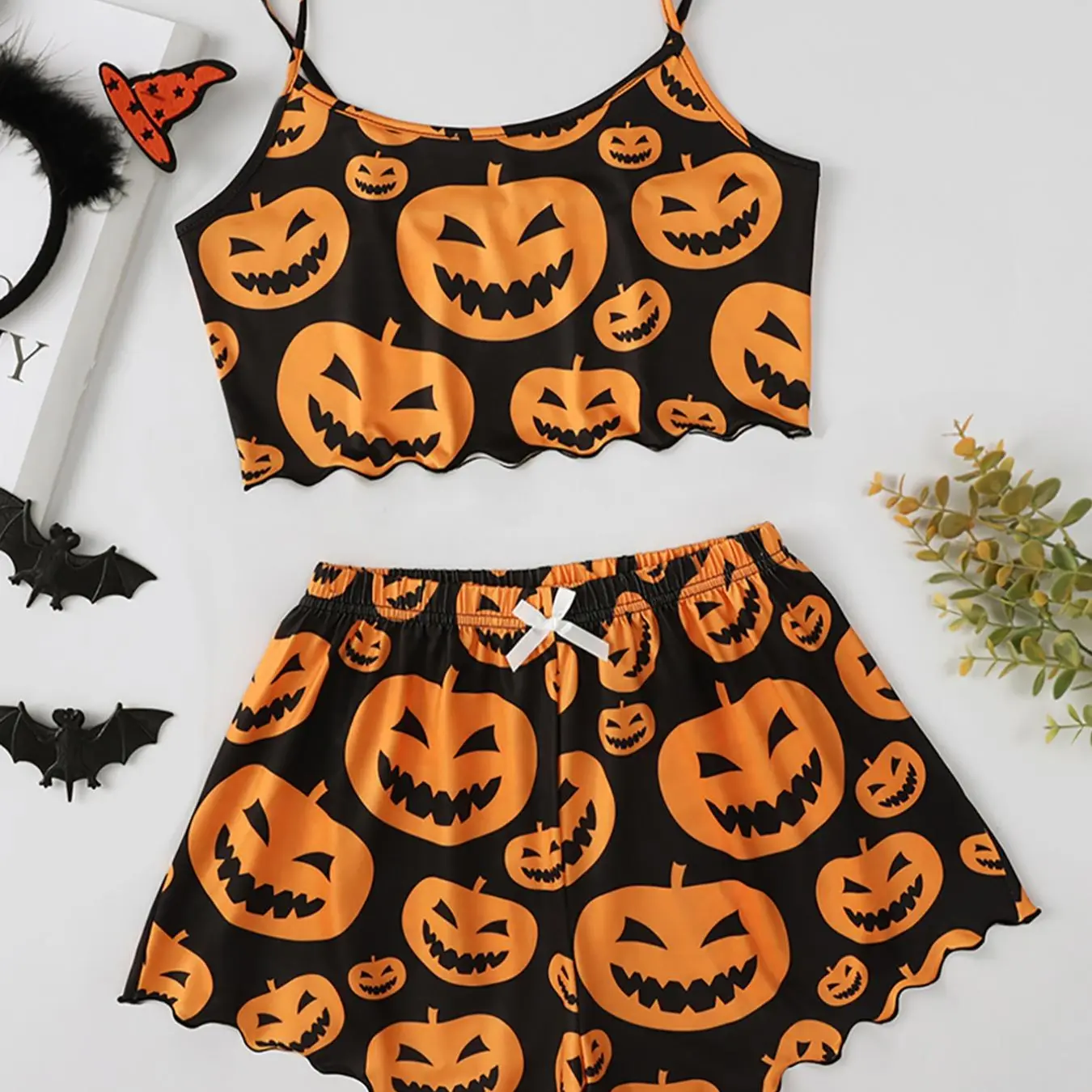 Womens 2pcs Pumpkin Print Cami Top And Bow Front Shorts Pyjama Set Lettuce Trim Camisole