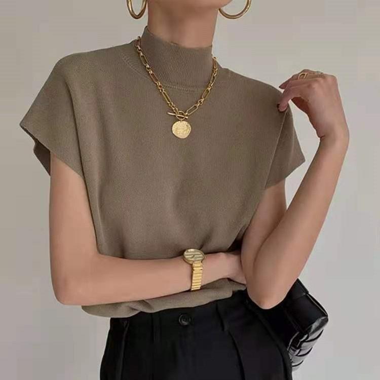 Kemeja-T Lengan Batwing Berkait, Turtleneck Separuh, Untuk Wanita ...