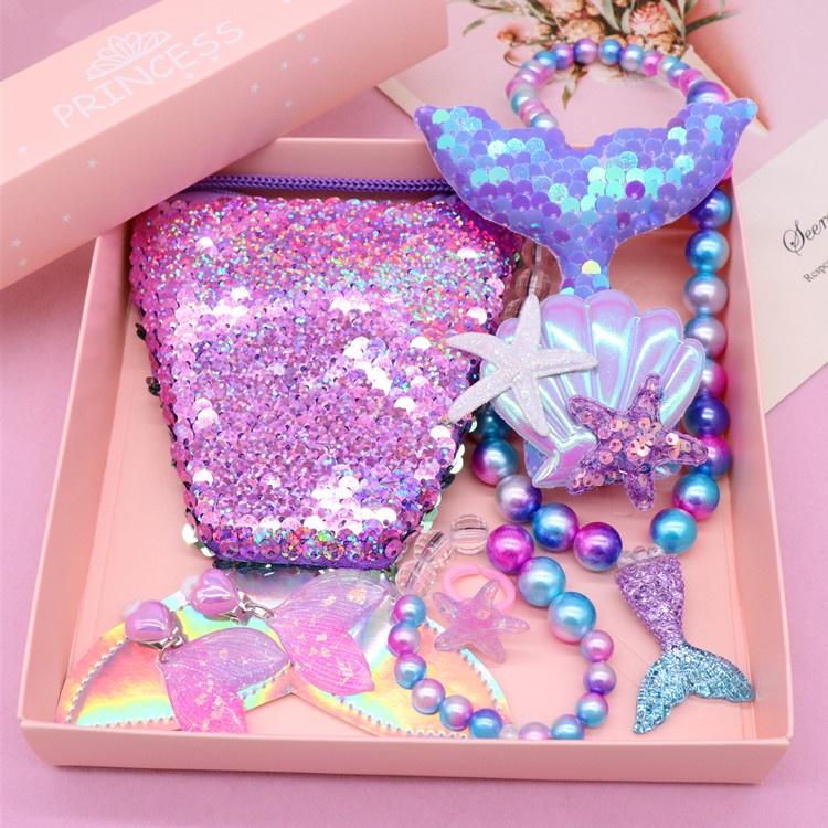 Cartoon Mermaid Jewelry Set with Gift Box Necklace Earrings Ring ...